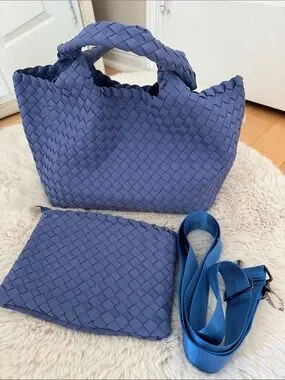 Bags | Woven Tote Bag In Blue With Removable Pouch | Poshmark
